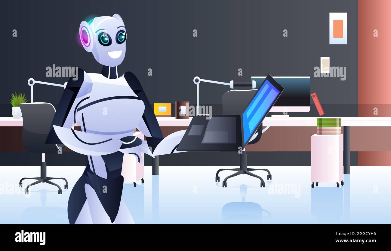 modern robot using laptop robotic character working in office artificial intelligence technology ...