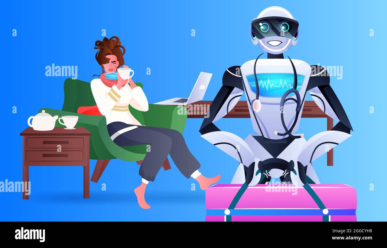 robot doctor with stethoscope consulting woman patient artificial ...