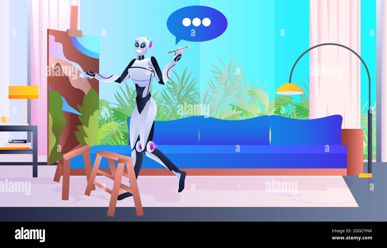 robotic painter using paintbrush robot artist standing in front of ...