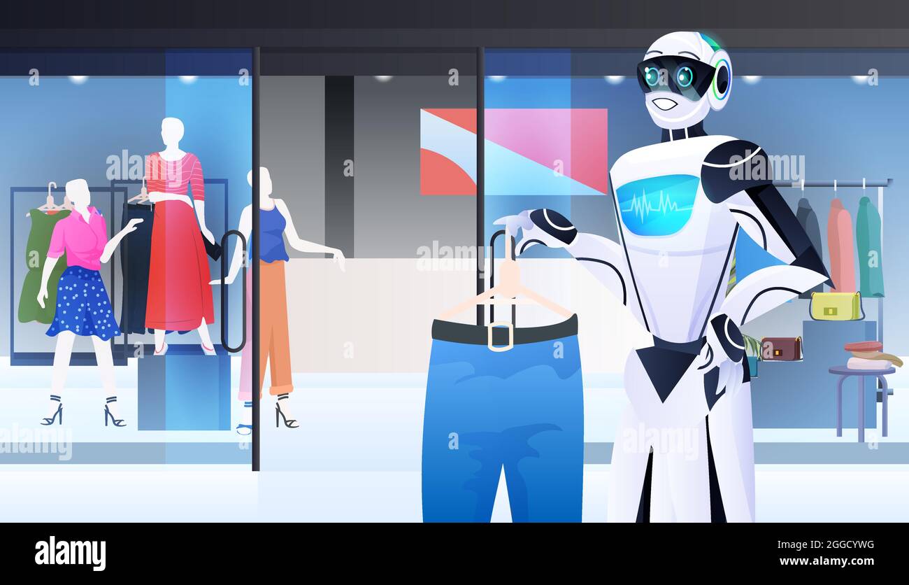 salesman robot showing clothes in fashion boutique artificial ...