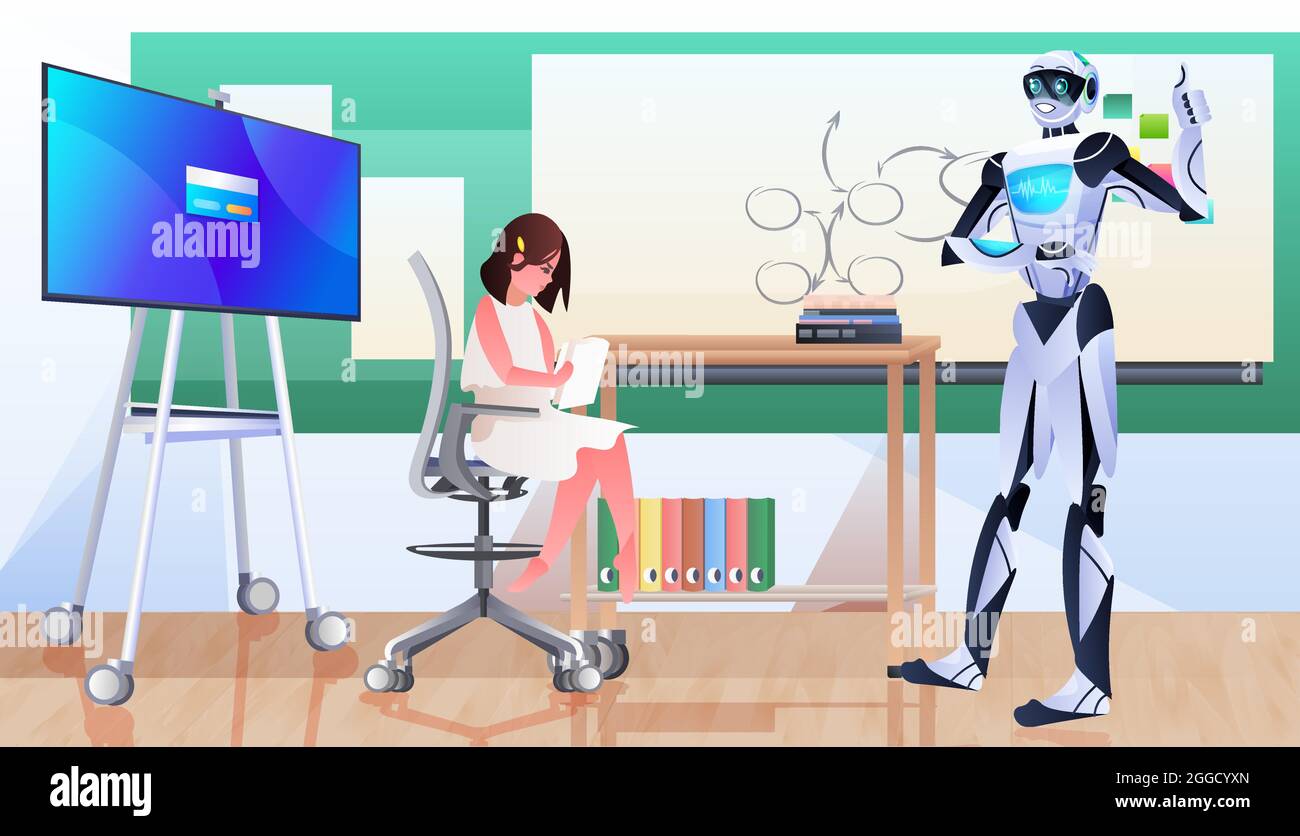 businesswoman with robot making presentation artificial intelligence ...