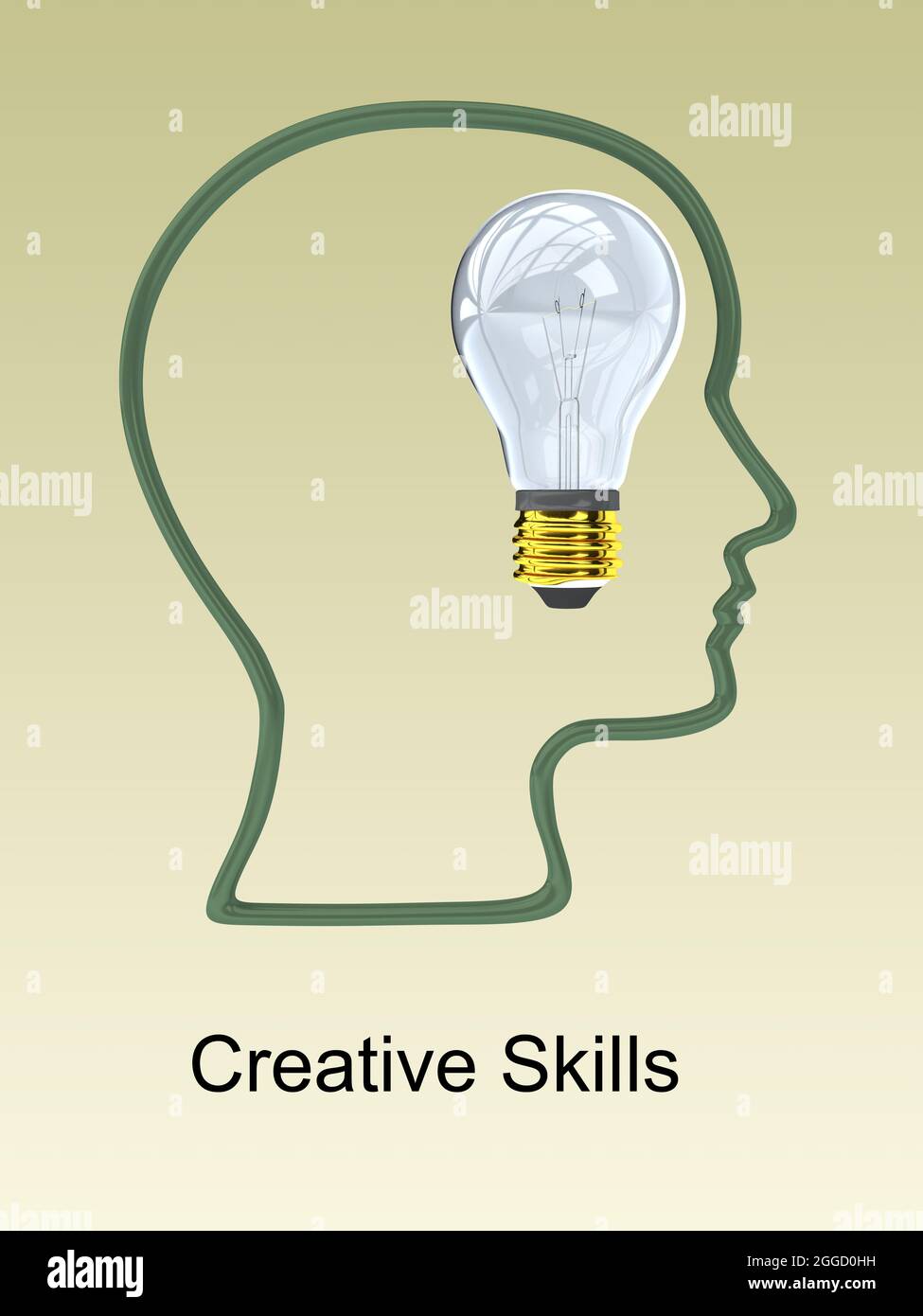 3D illustration of a light bulb in a head silhouette, isolated over ...