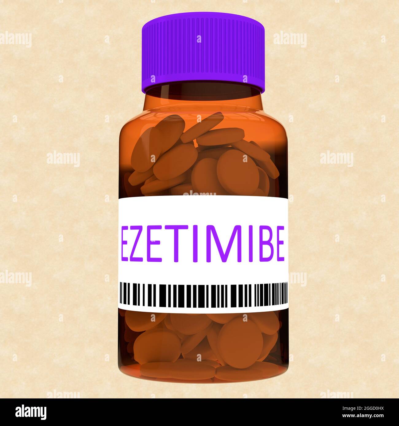 3D illustration of EZETIMIBE title on pill bottle, isolated over bright ...