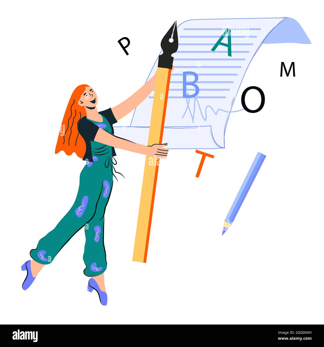 Woman copywriter cartoon character with huge pen writing article, flat ...