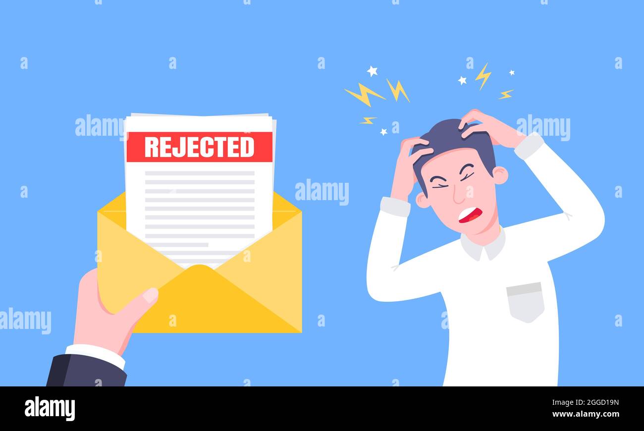 Sad man and an envelope with rejected application form flat style ...
