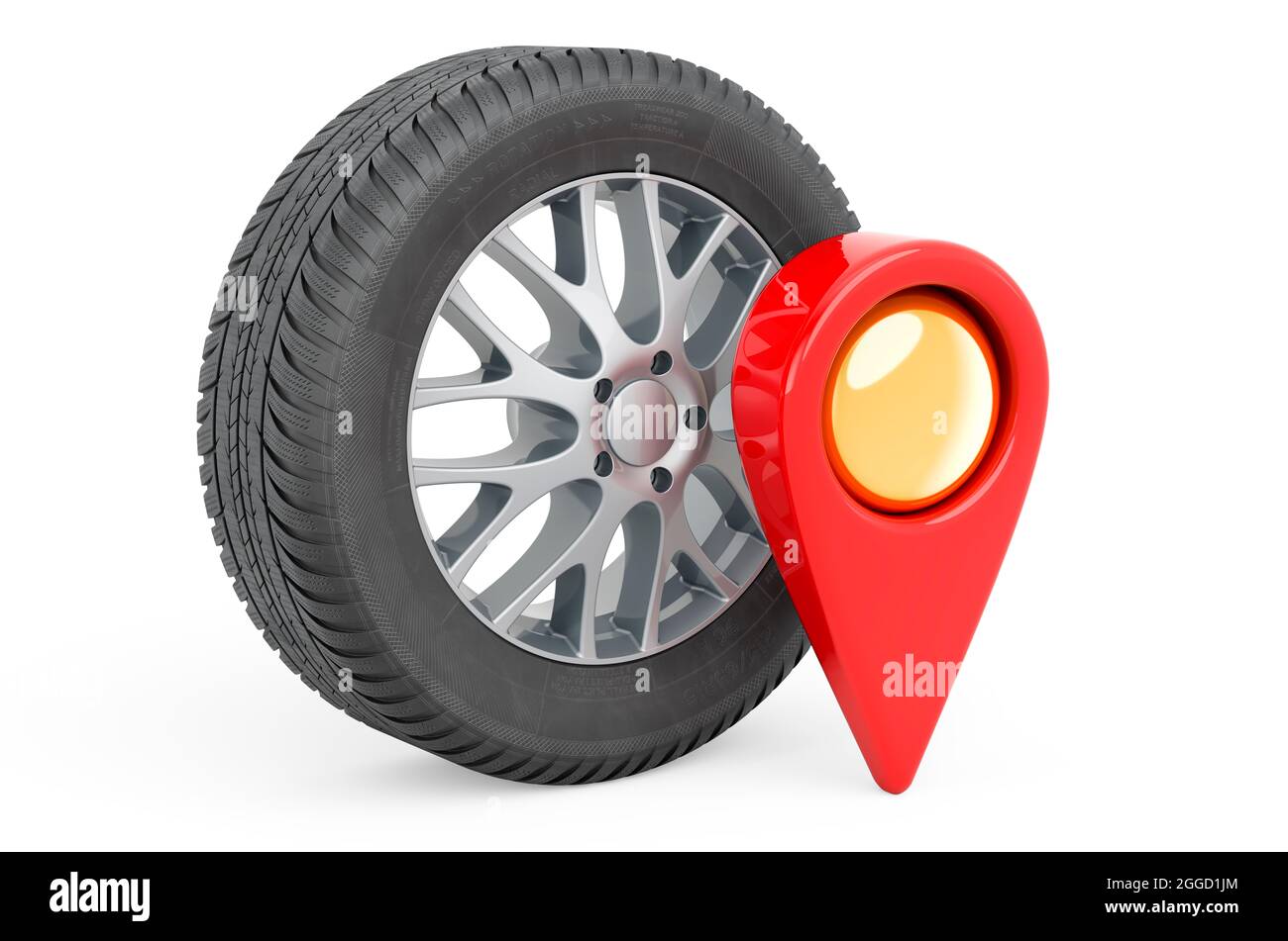 Map pointer with car wheel, 3D rendering isolated on white background ...