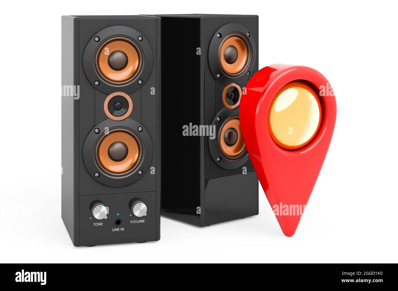 Map pointer with musical speakers, 3D rendering isolated on white ...