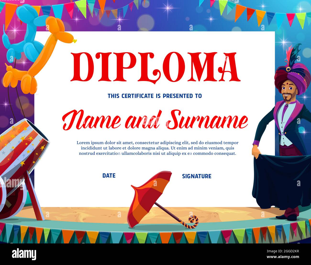 Kids education diploma with circus magician on chapiteau stage. Vector ...