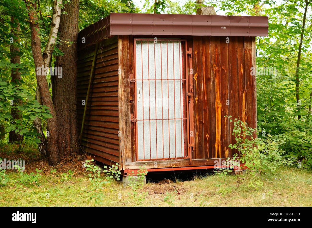 Wooden hut in front of green trees Stock Photo - Alamy