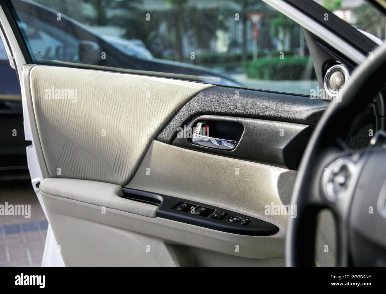 Car Interior Inside with Wheel View and Opened Side Door Stock Photo ...