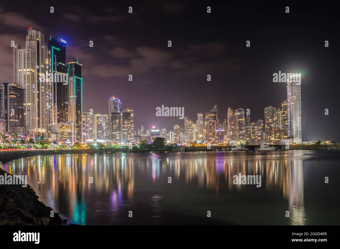 Night Time View of Panama City Seafront with Reflections oin the Ocean ...