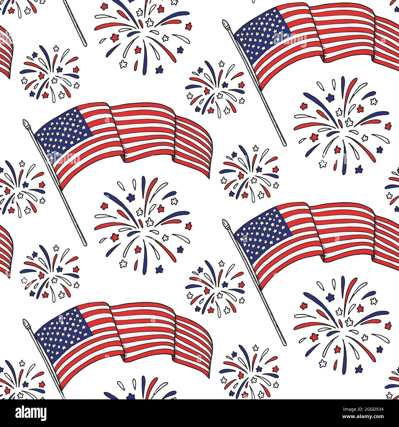 Patriotic seamless pattern with USA flags and firework. Vector ...