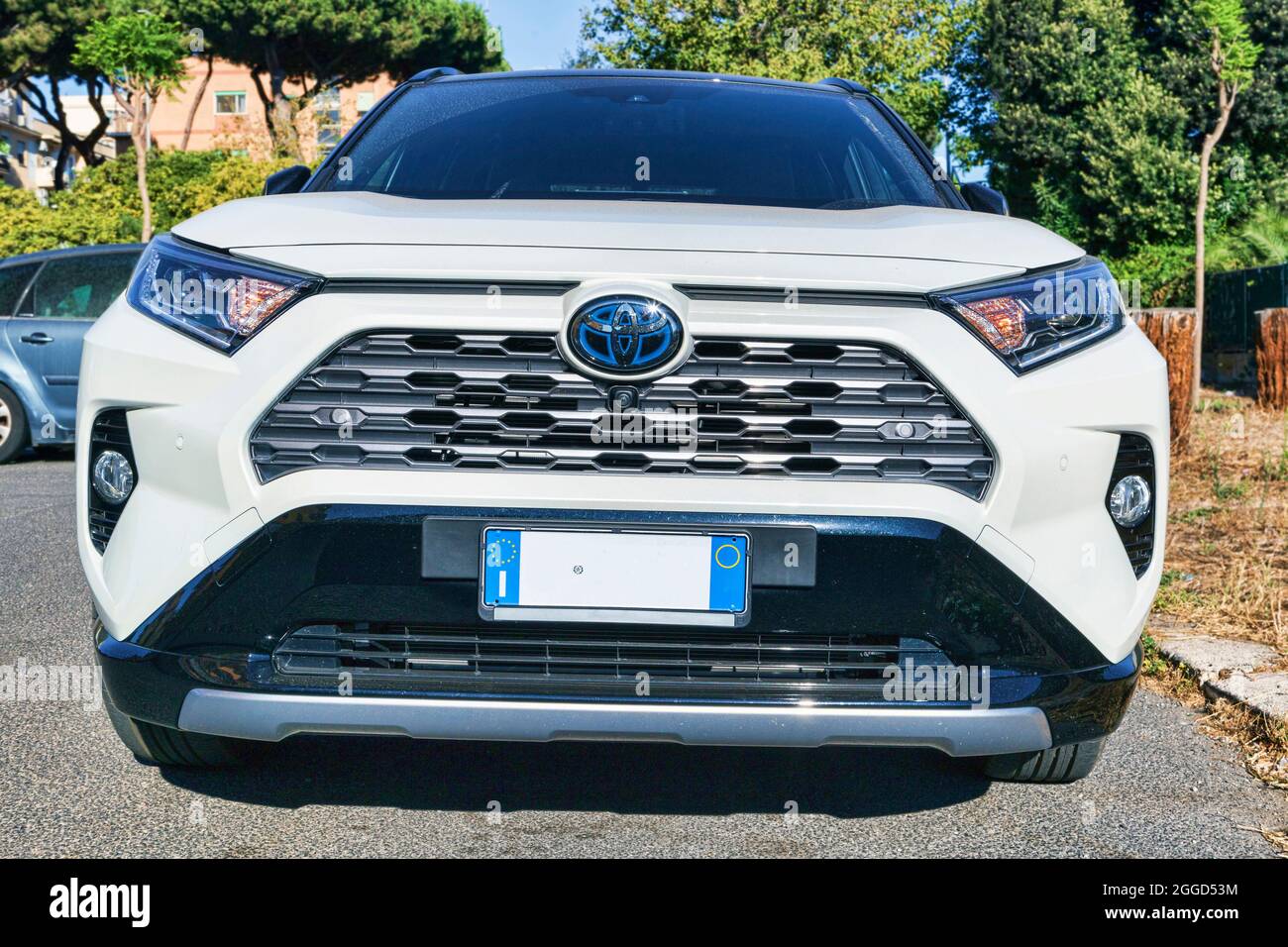 Low angle front view of aggressive and beautiful front design of white ...