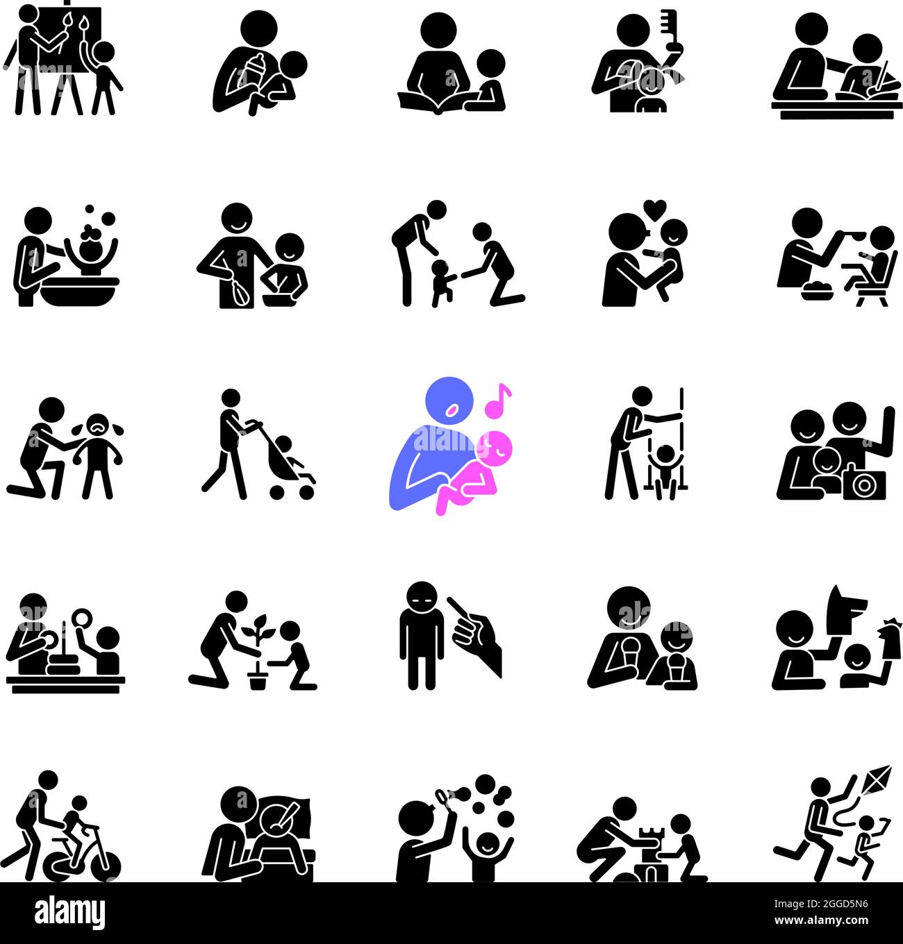 Parent and child interaction black glyph icons set on white space Stock ...