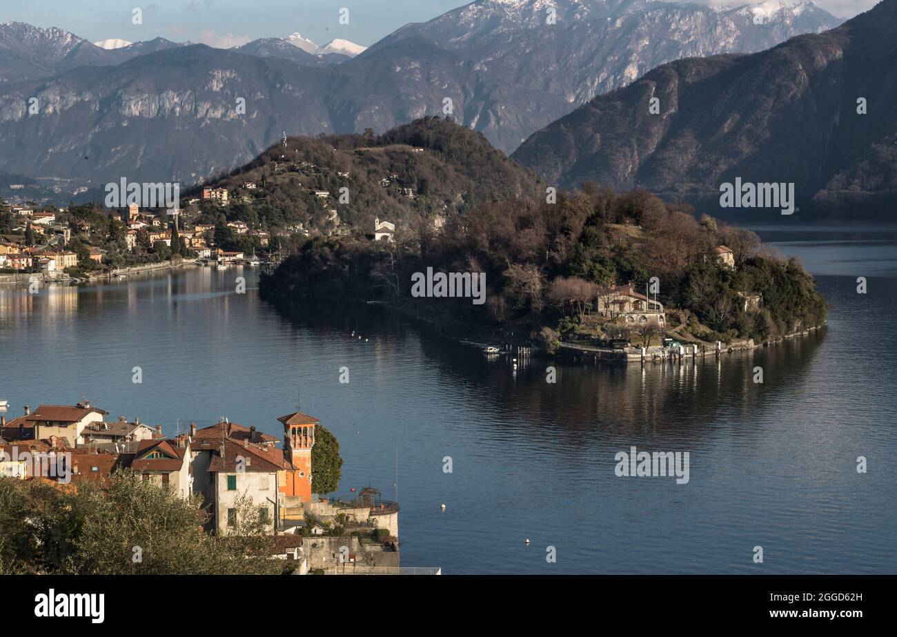 Panoramic winter view of the Comacina Island in western shore of the ...