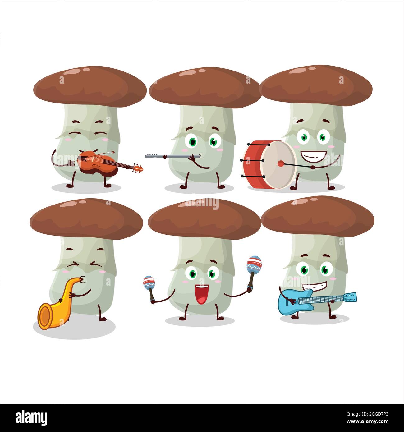 Cartoon character of suillus mushroom playing some musical instruments ...