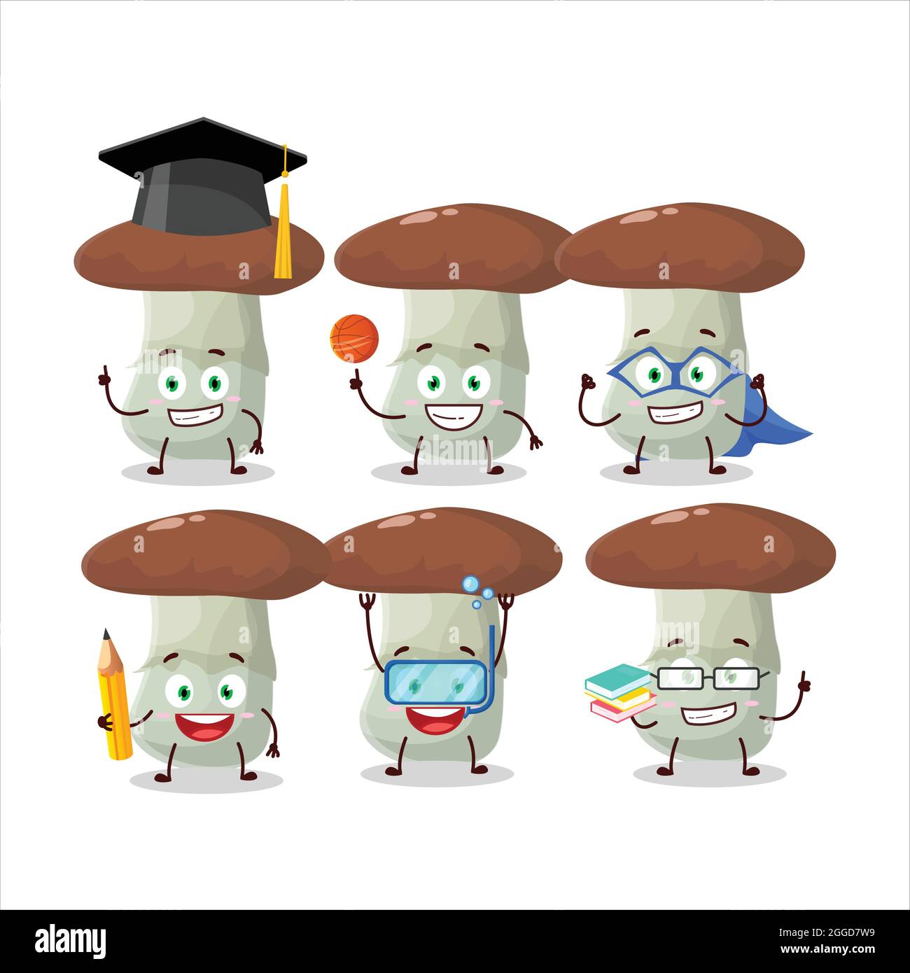School student of suillus mushroom cartoon character with various ...