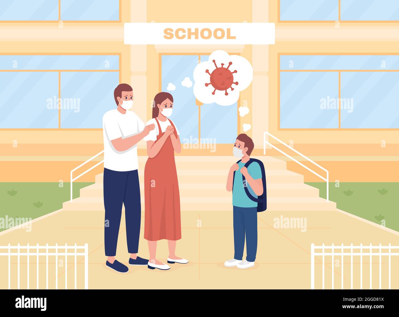 Worried parents see their son off to lessons flat color vector ...