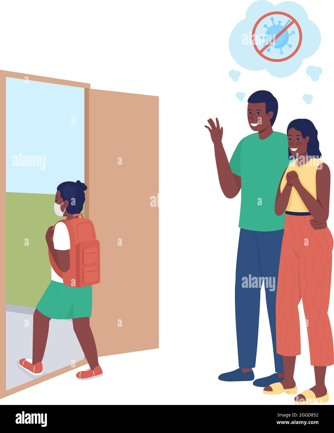 Happy parents see off to school girl semi flat color vector character ...