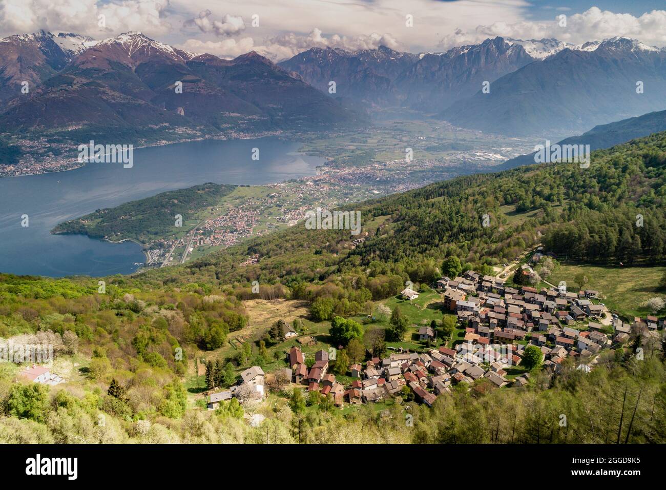 Aerial view of the village of Valvarrone and the northern part of Lake ...