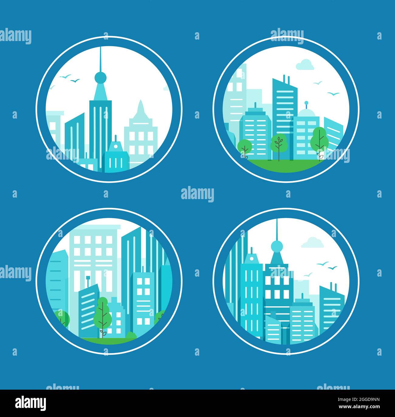Set of round icons with blue city. Urban landscape with houses in ...