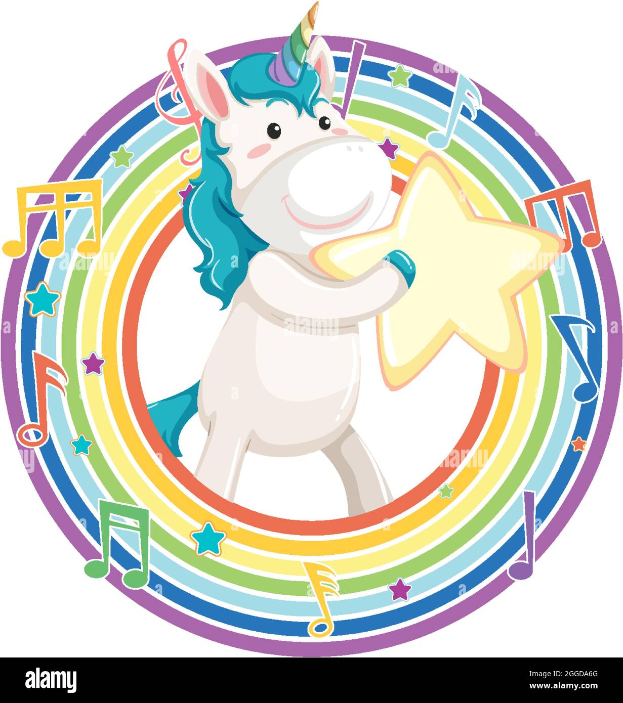 Unicorn in rainbow round frame with melody symbol illustration Stock ...