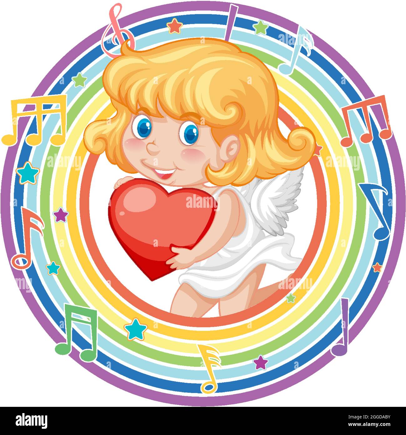 Cupid girl in rainbow round frame with melody symbol illustration Stock ...