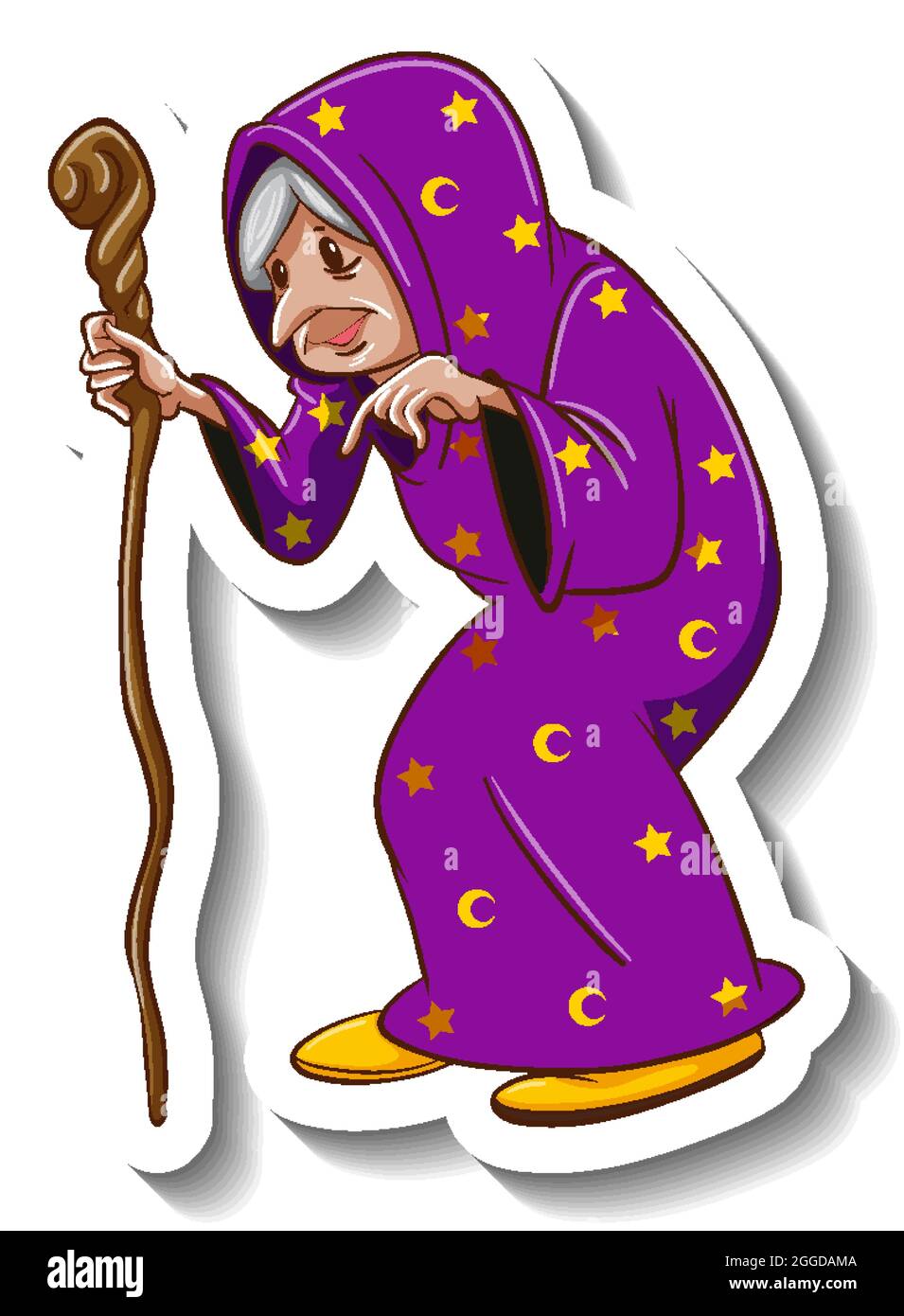 Old witch holding staff cartoon character sticker illustration Stock ...