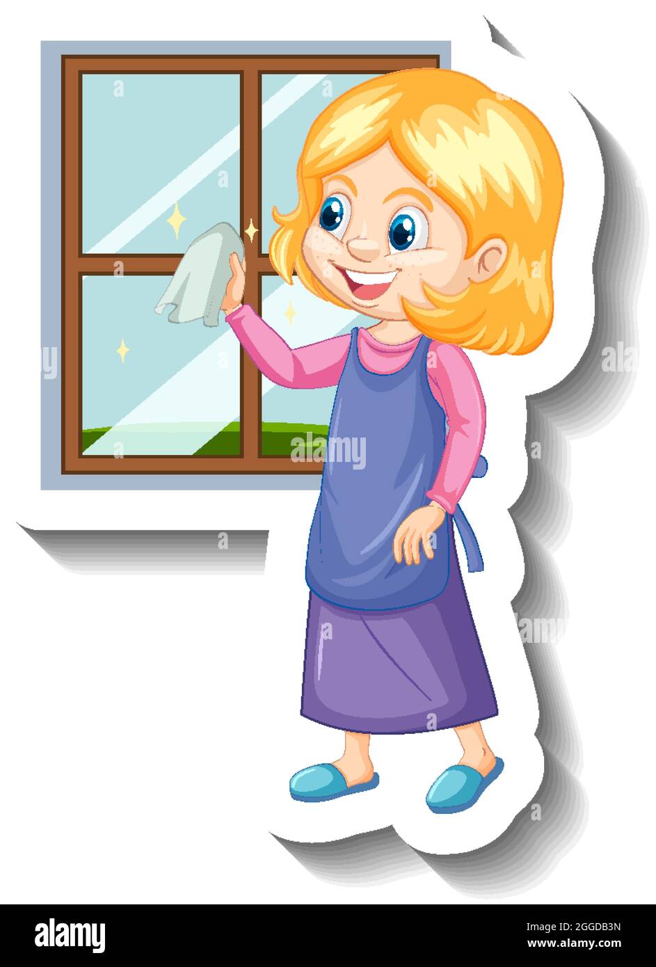 A housekeeper girl cleaning the window cartoon character sticker ...