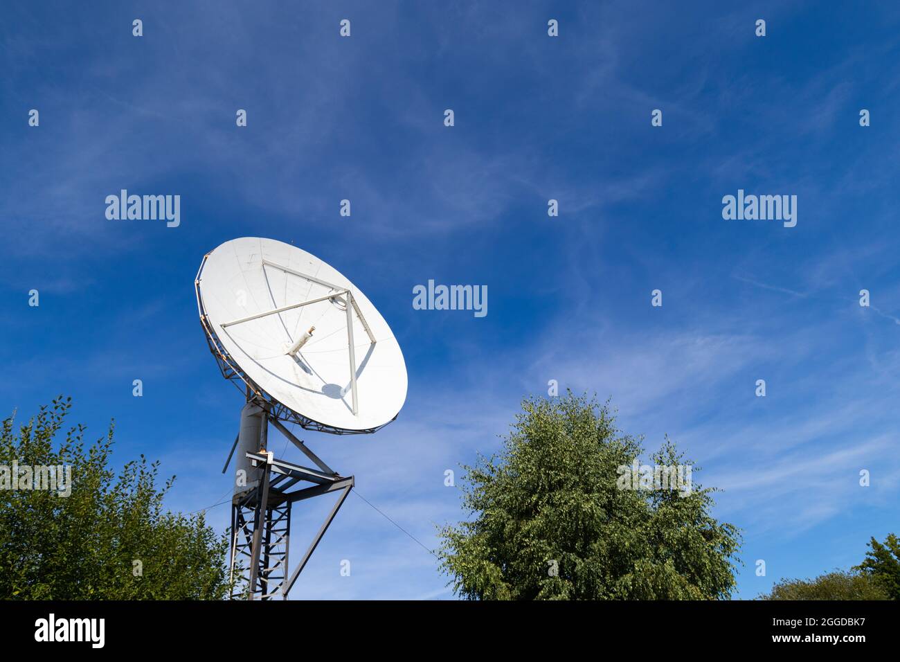 Big white satellite dish on a blue sky with tree branches in the ...