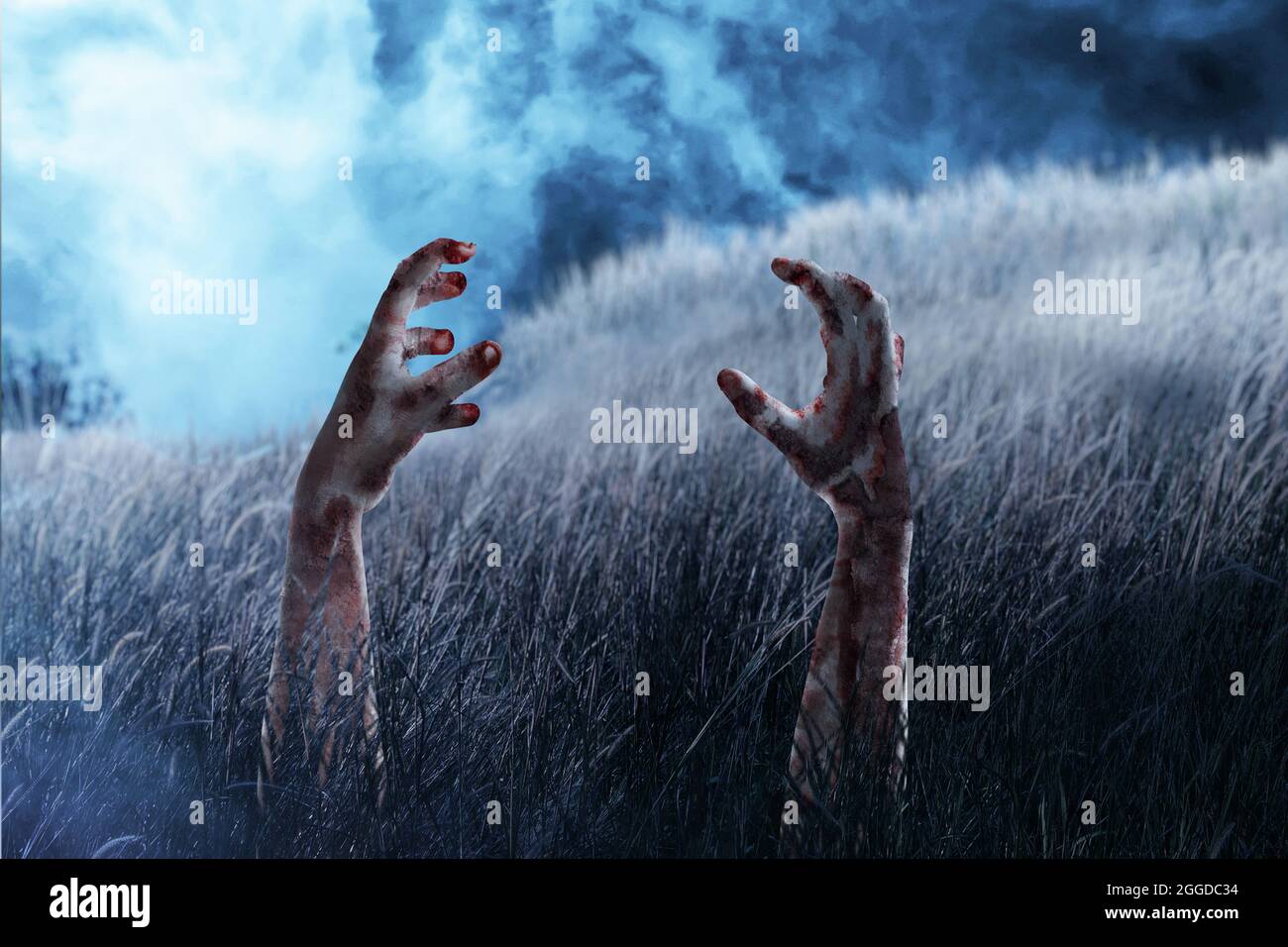 Zombie hand with blood and wound on the meadow Stock Photo - Alamy