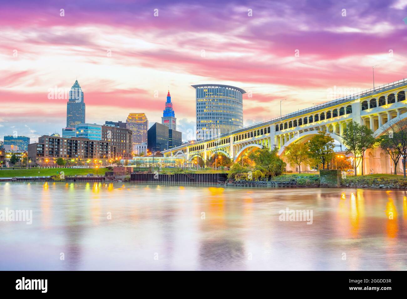 View of downtown Cleveland skyline in Ohio USA at sunset Stock Photo ...
