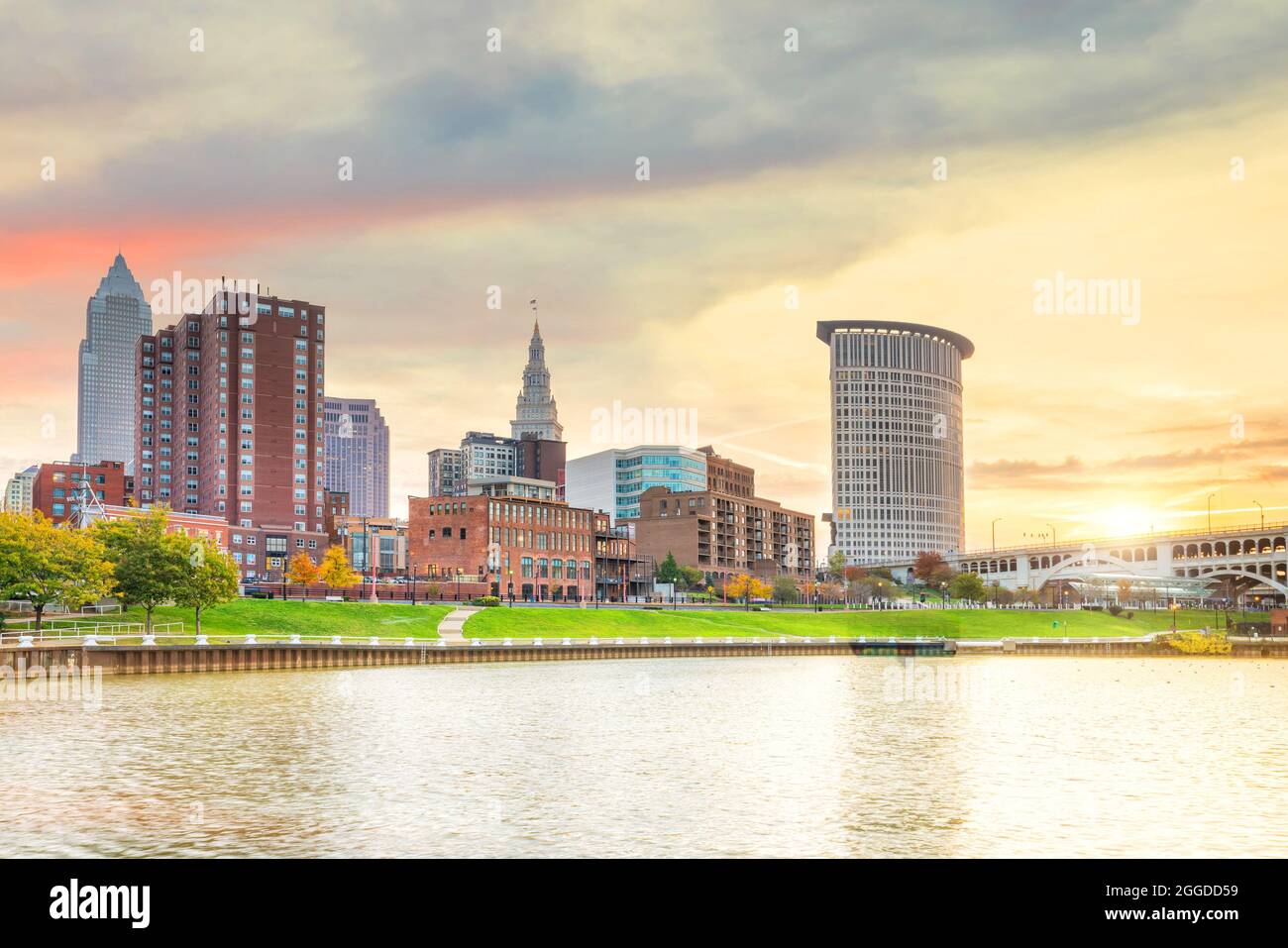 View of downtown Cleveland skyline in Ohio USA at sunset Stock Photo ...