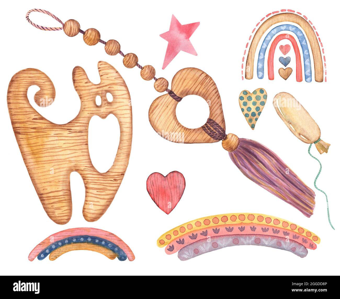 Watercolor wooden baby toys clipart. rattles, star, heart, cat ...