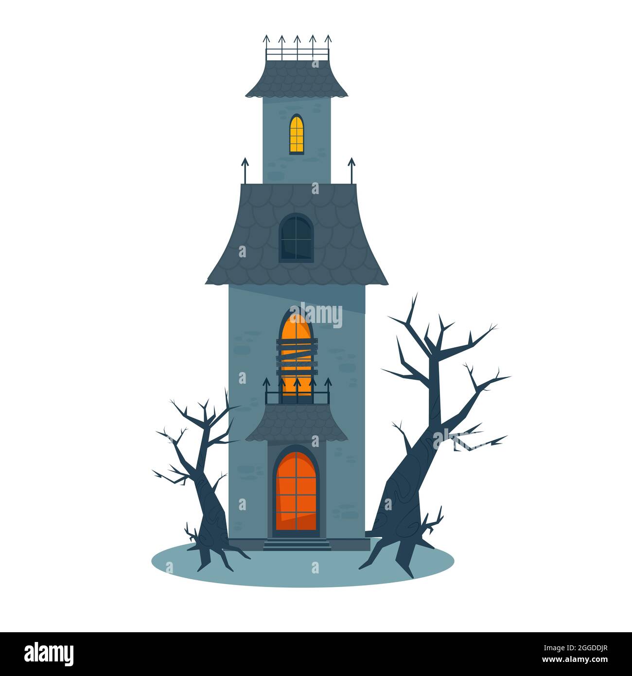 Scary haunted house and broken windows, Halloween horror house. Vector ...