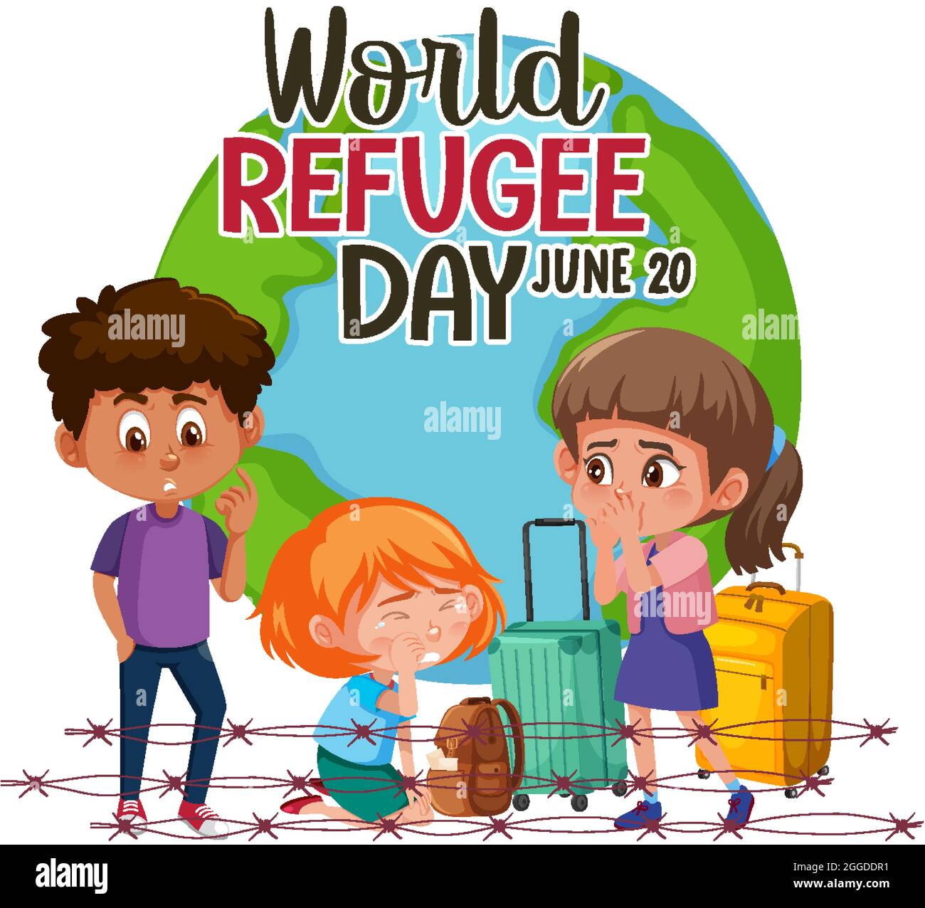 World Refugee Day banner with refugee people on globe background ...