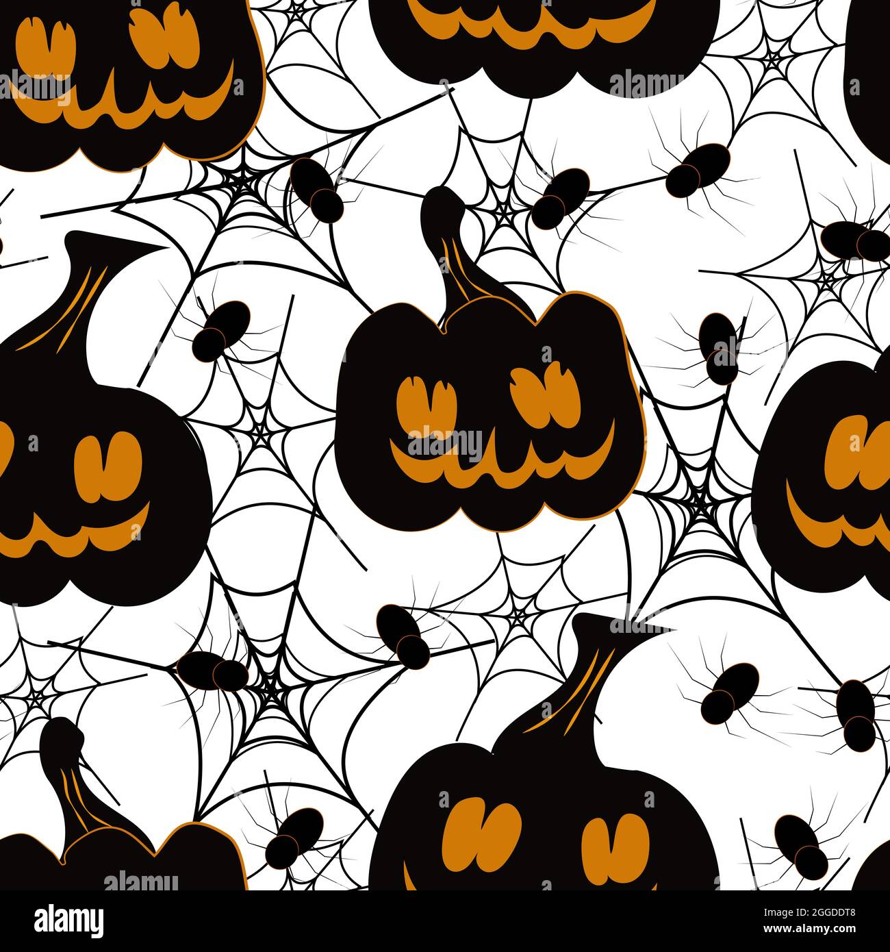 Scary pumpkins with spiders on cobweb seamless pattern, Halloween hand ...