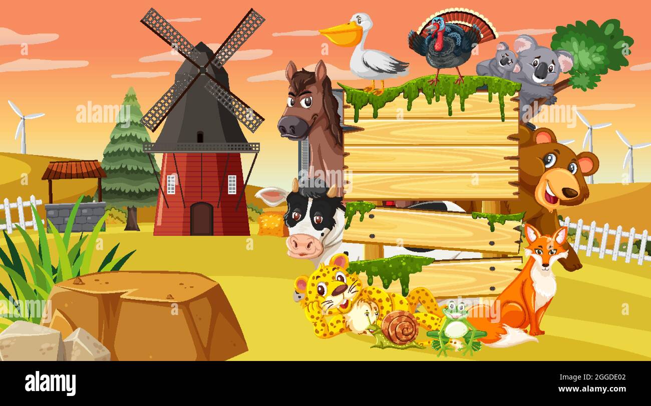 Empty wooden board with various wild animals in the farm illustration ...