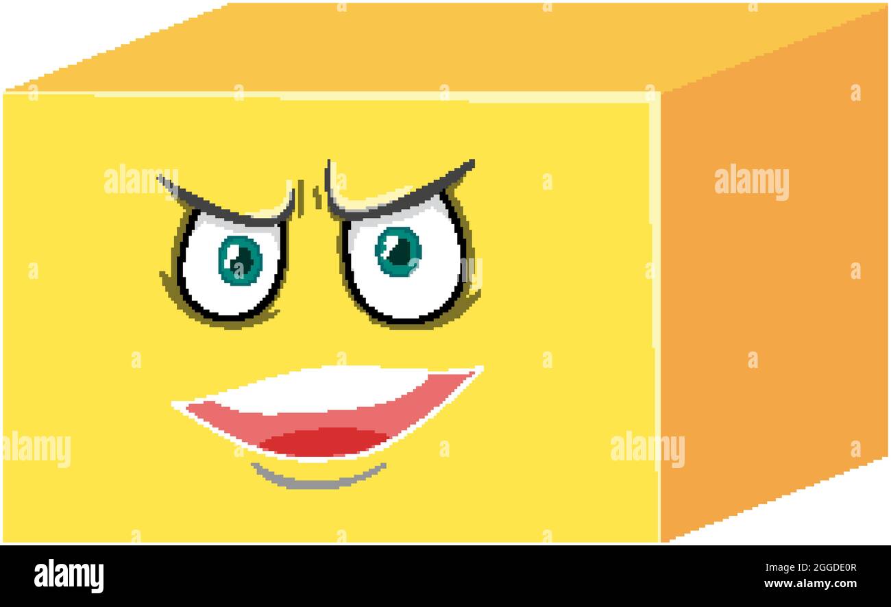 Cuboid cartoon character with face expression on white background ...
