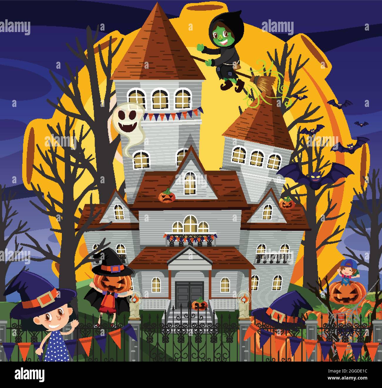 Scene with halloween haunted mansion at night illustration Stock Vector ...