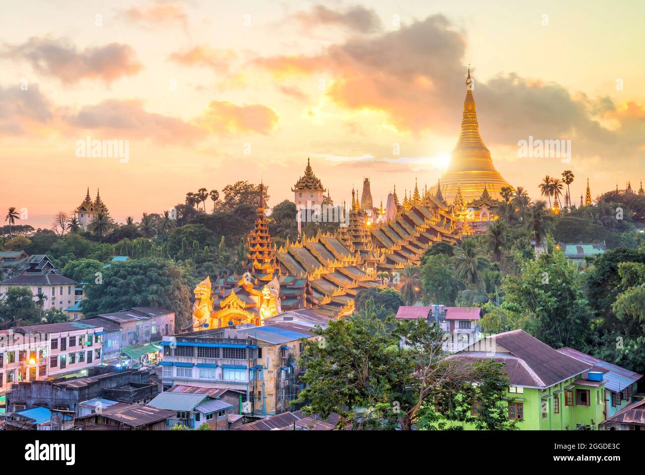 Yangon skyline with Shwedagon Pagoda in Myanmar at sunset Stock Photo ...