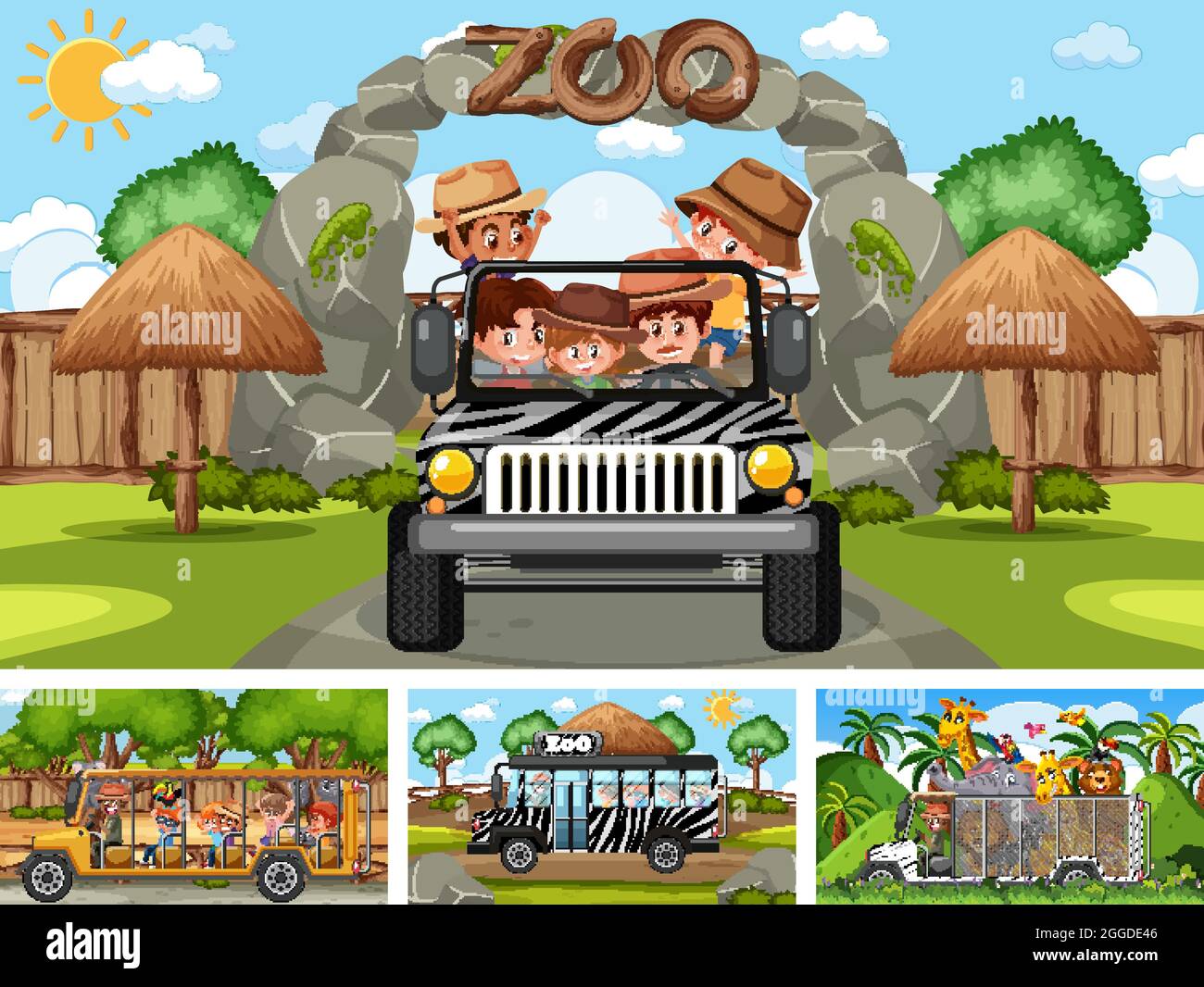 Four different zoo scenes with kids and animals illustration Stock ...