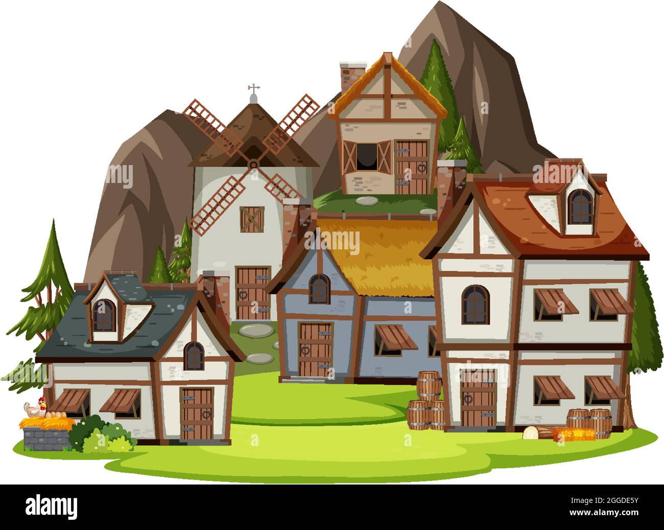Medieval village scene on white background illustration Stock Vector ...