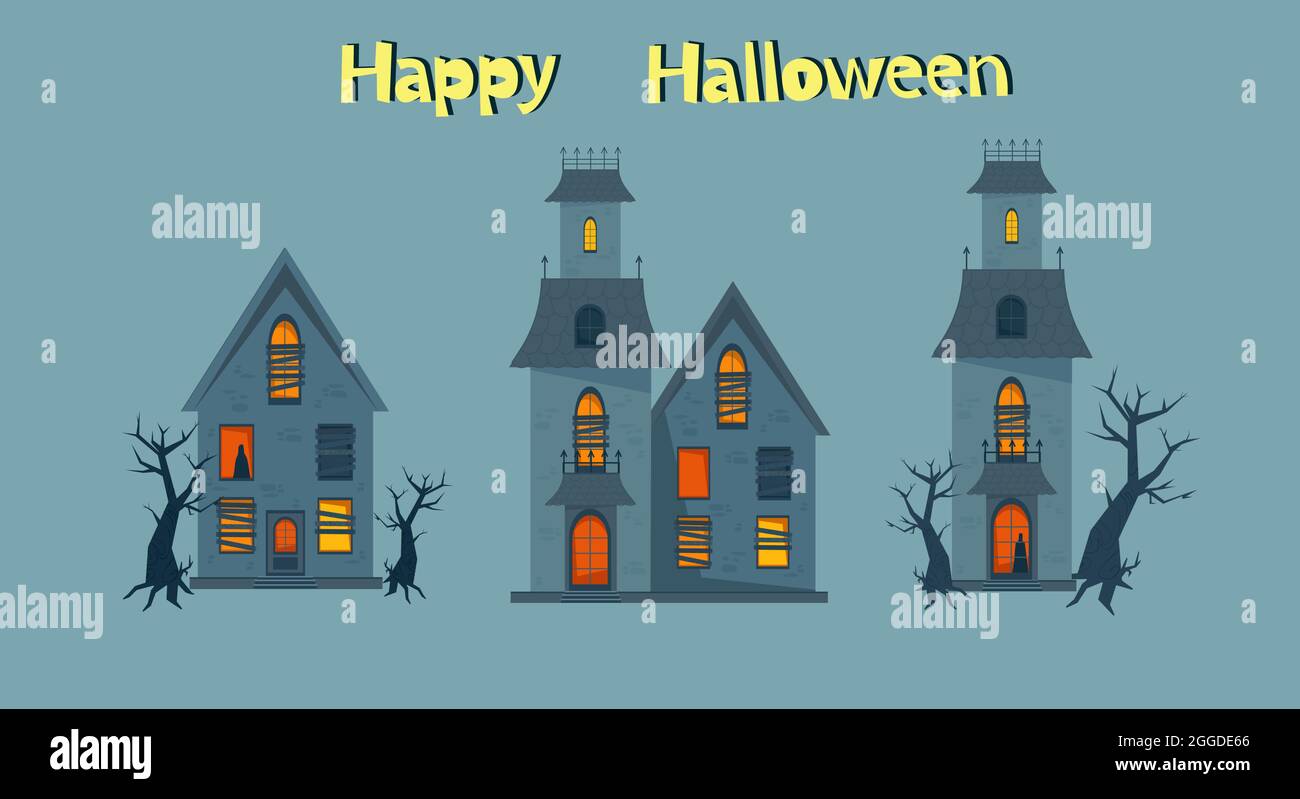 Scary haunted house and broken windows, Halloween horror house set ...