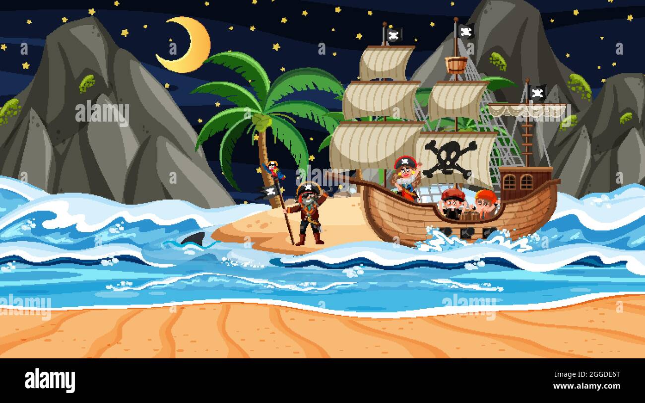Beach at night scene with pirate kids cartoon character on the ship ...
