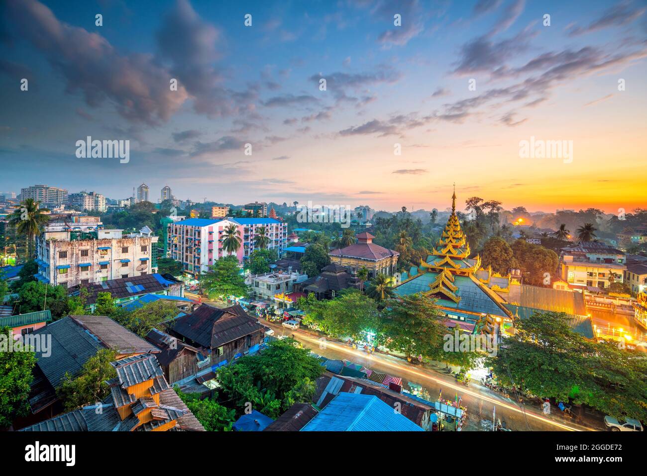 Yangon skyline in Myanmar with beautiful sunrise Stock Photo - Alamy