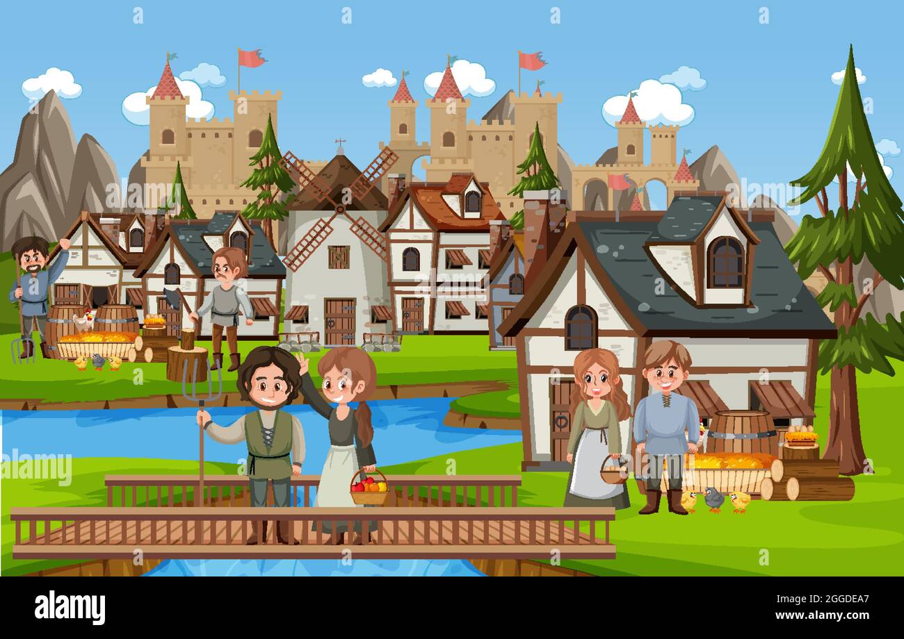 Medieval town scene with villagers illustration Stock Vector Image ...
