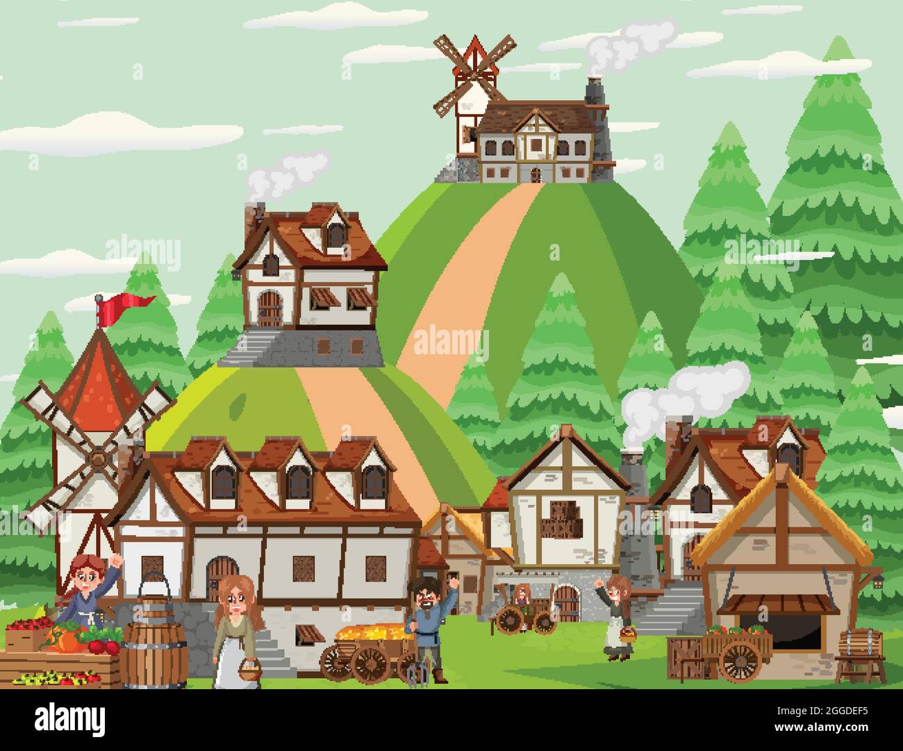 Medieval Village Scene With Villagers Illustration Stock Vector Image And Art Alamy