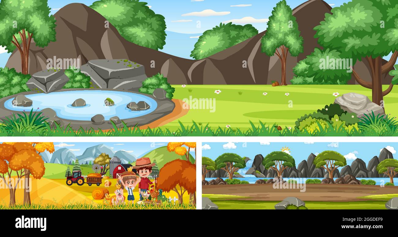 Set of different outdoor panoramic landscape scenes with cartoon ...