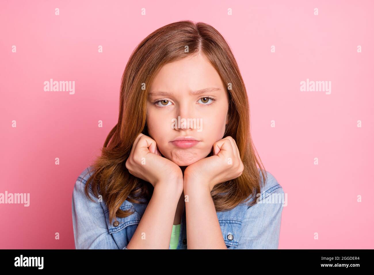 Photo portrait girl bad mood grumpy face unhappy isolated pastel pink ...